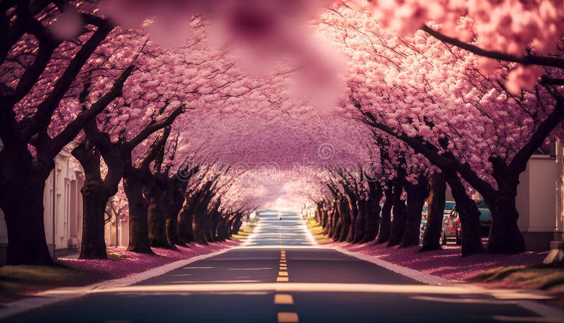Cherry Blossom Trees Along the Road in Springtime, Japan. Stock ...