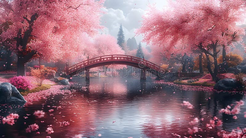 Cherry Blossom Trees and Bridge Over a River - Digital Illustration ...
