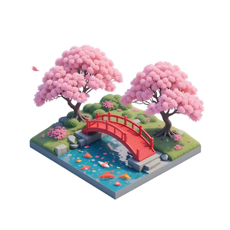 Cherry Blossom Trees and Bridge Over Stream with Koi Stock Illustration ...