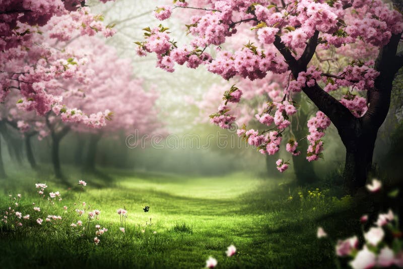 Blooming Cherry Trees Line Peaceful Path Rain Stock Photos - Free ...
