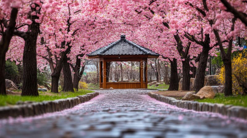 Cherry Blossom Trees Frame Wooden Gazebo Path Stock Illustration ...
