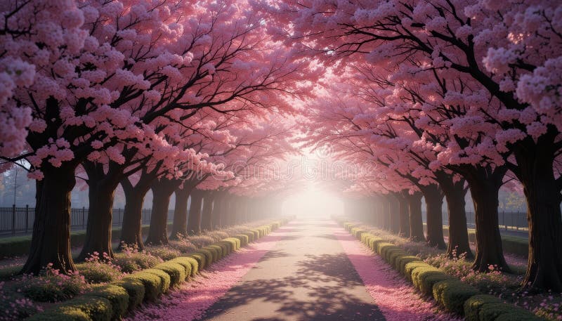 Cherry Blossom Trees in Full Bloom Lining a Path at Sunset Stock ...