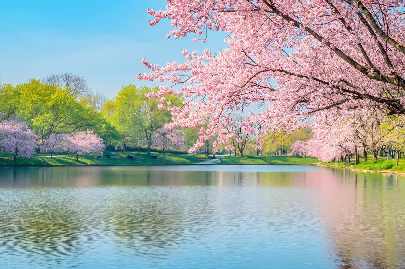 Cherry Blossom Trees in Full Bloom Serene Lake Stock Illustration ...