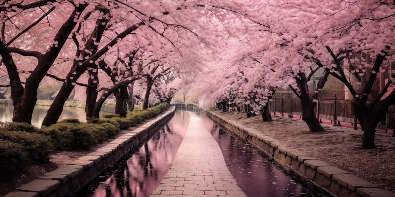 Cherry Blossom Trees Lining a Tranquil Pathway in a Japanese Garden ...