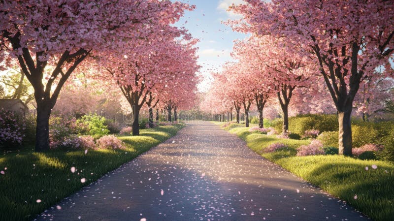 Cherry Blossom Trees Line a Sunny Path Stock Illustration ...