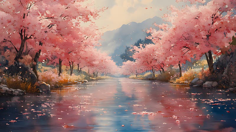 Cherry Blossom Trees Line Tranquil River, Mountain Backdrop, Spring ...