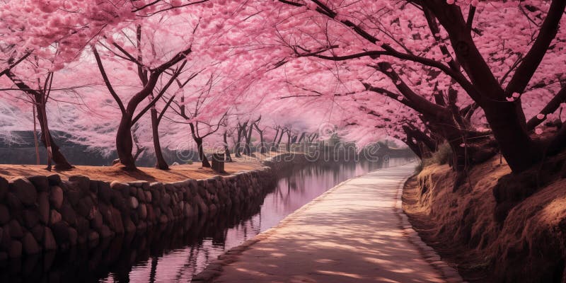 Cherry Blossom Trees Lining a Tranquil Pathway in a Japanese Garden ...
