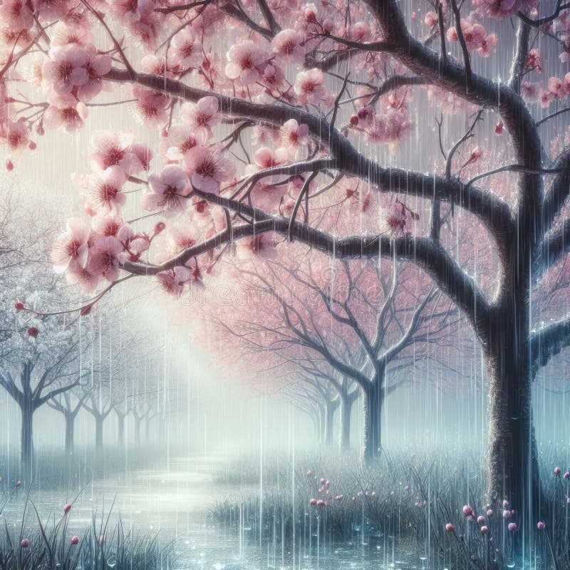 Cherry Blossom Trees in the Rain in Spring. Stock Image - Image of ...