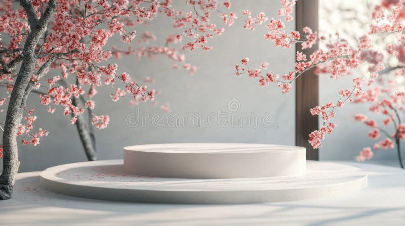 Cherry Blossom Trees Surround a Minimalist Display Platform in a Serene ...