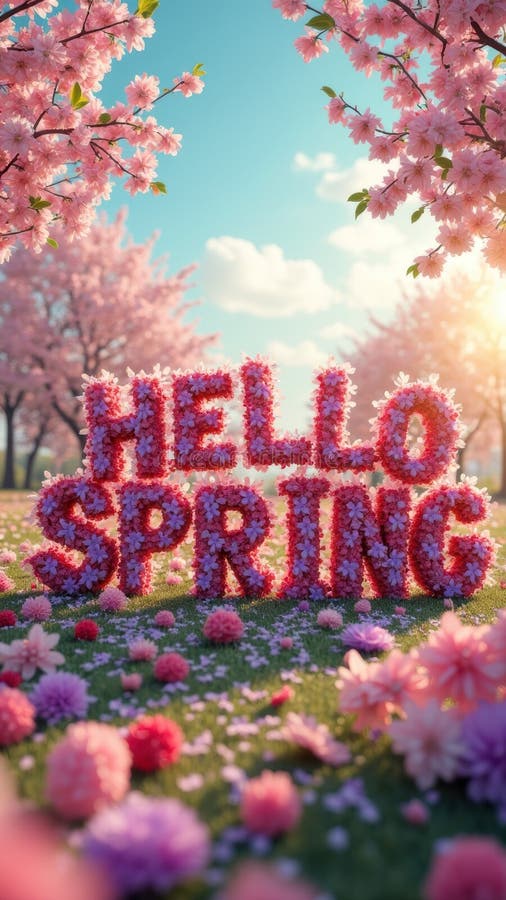 Cherry Blossom Wonderland with Spring Message in Vibrant Floral Letters ...
