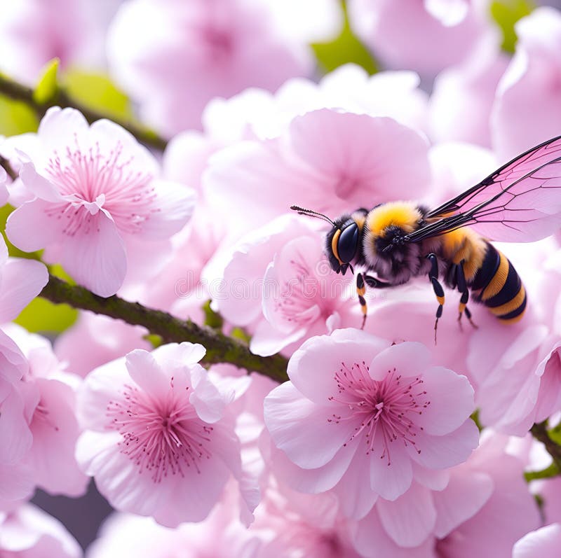 Cherry Blossoms and Bee Generative AI Stock Illustration - Illustration ...