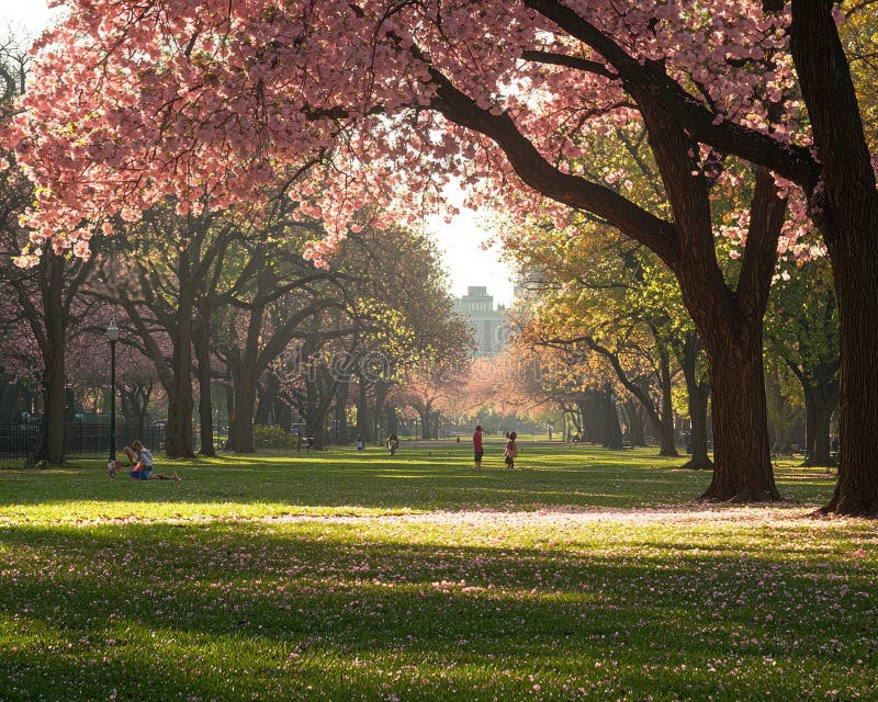 Spring Serenity: Cherry Blossoms and Sunlight in a Park Stock ...