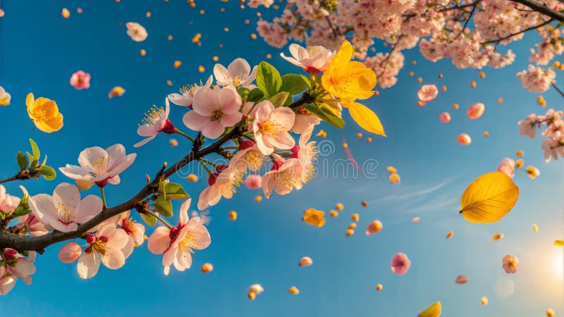 Cherry Blossoms in Bloom with Petals Falling Under a Clear Blue Sky ...