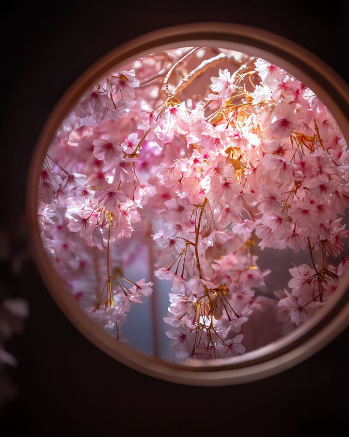 Cherry Blossoms Blooming through Circular Window Stock Photo - Image of ...