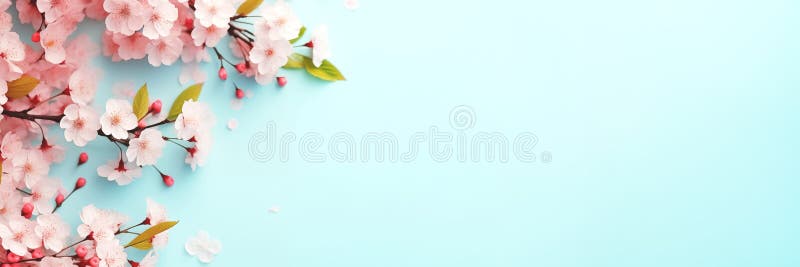 Cherry Blossoms on Blue Background Banner with Copy Space. Panoramic ...