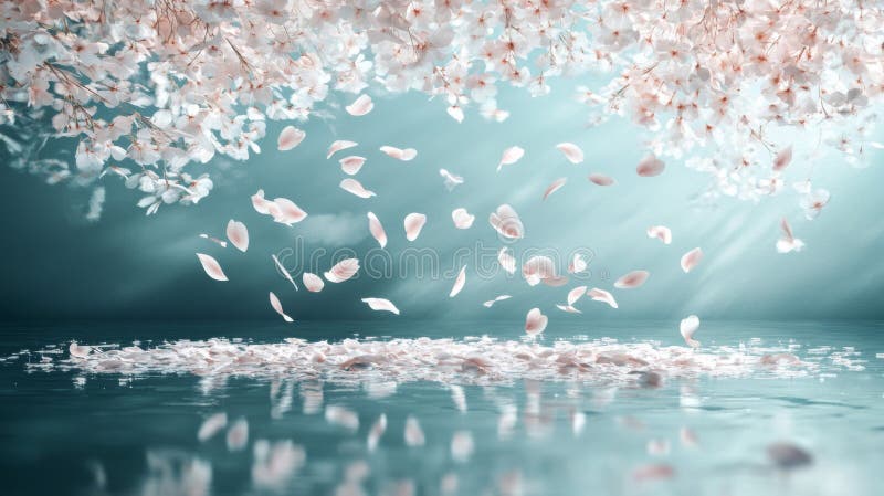 Cherry Blossoms Falling Onto Serene Tranquil Water Stock Illustration ...