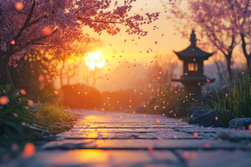 Cherry Blossoms Falling on Path at Sunset in Japanese Garden Stock ...