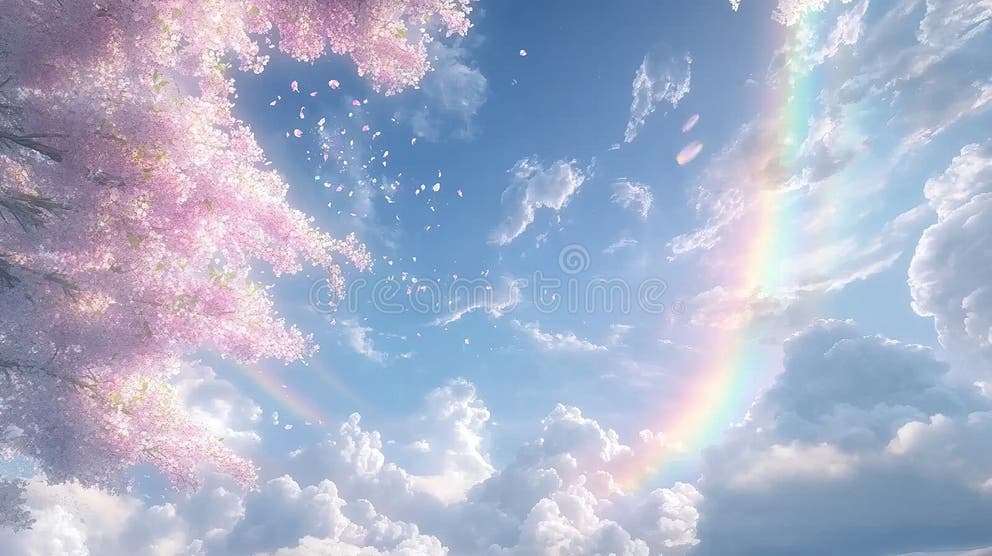 Cherry Blossoms Falling, Rainbow Sky, Idyllic Spring Scene Stock ...