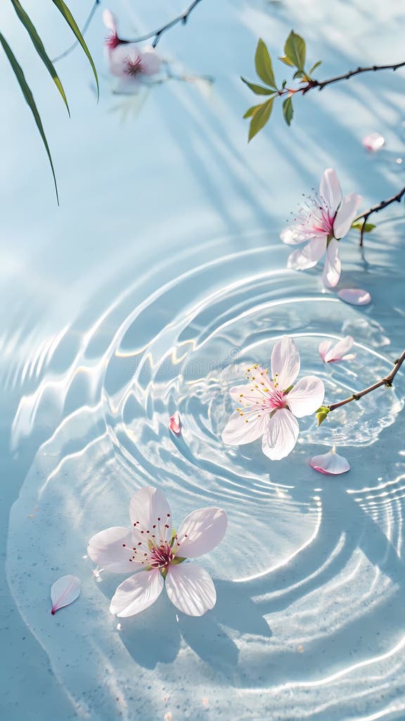 Cherry Blossoms Floating on Water with Ripples and Light Stock ...