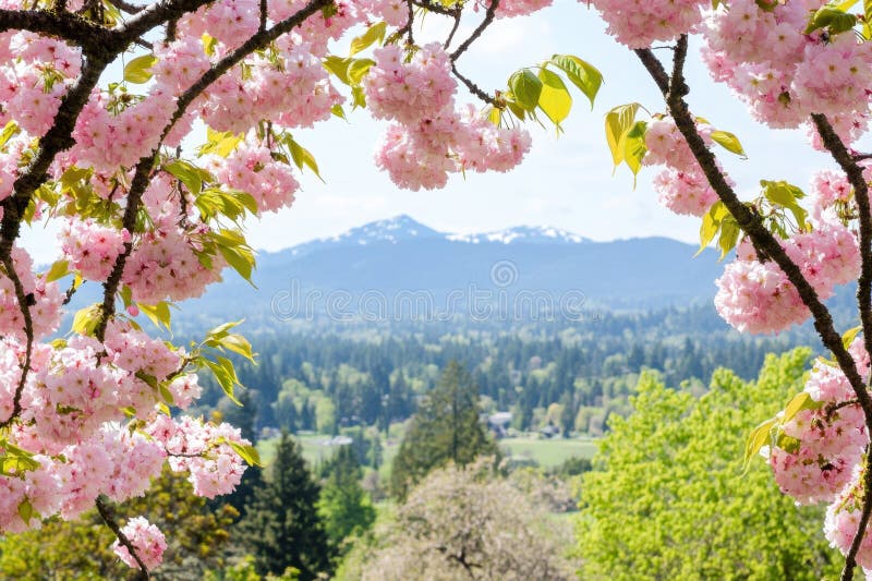 Cherry Blossoms Framing Scenic Mountain View in Spring Landscape Stock ...