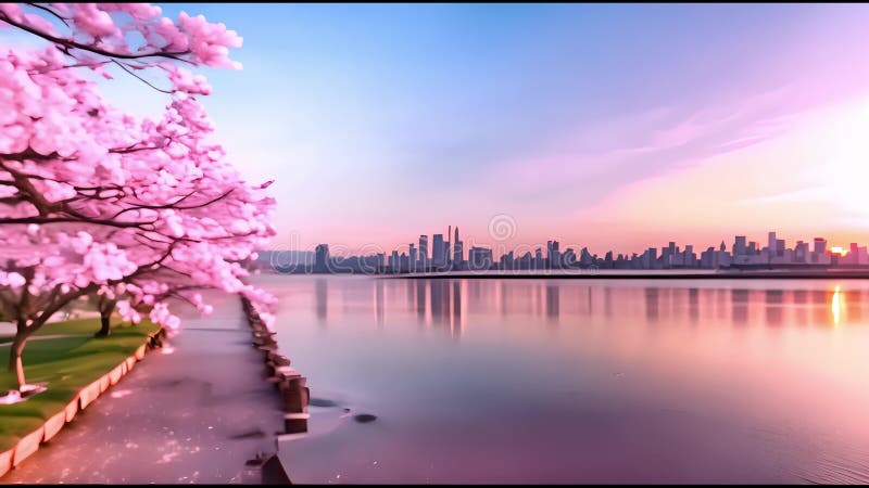 Cherry Blossoms in Full Bloom by the River at Sunset Stock Footage ...