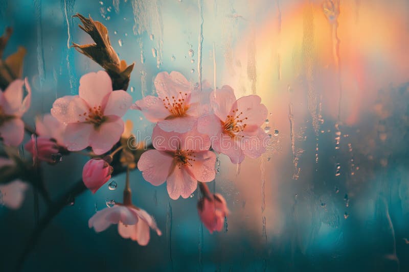Cherry Blossoms Illuminated by Soft Light through a Rain-soaked Window ...