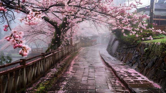 Cherry Blossoms on a Japanese Pathway Stock Illustration - Illustration ...