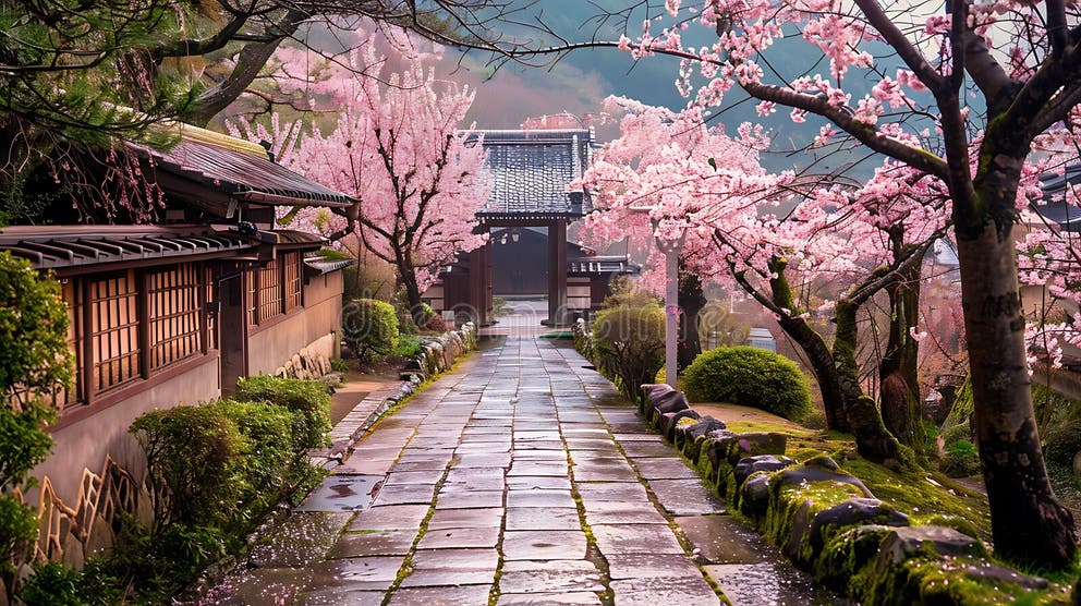 Cherry Blossoms on a Japanese Pathway Stock Illustration - Illustration ...