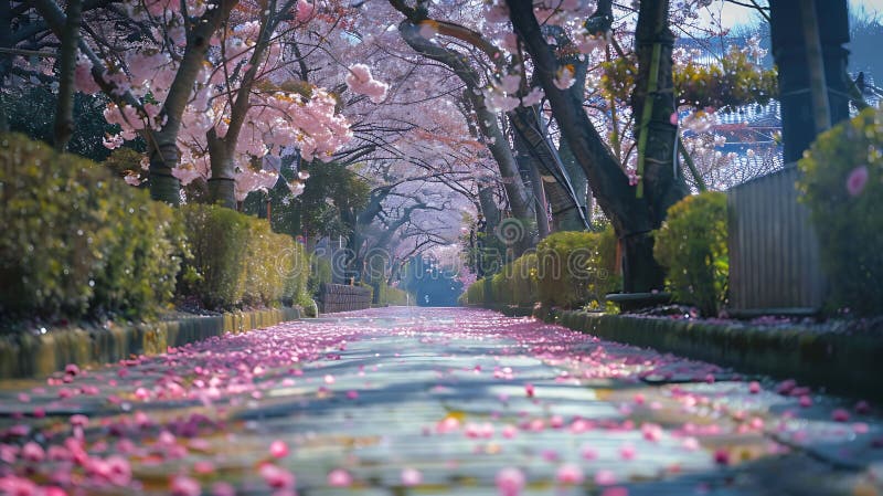 Cherry Blossoms on a Japanese Pathway Stock Illustration - Illustration ...