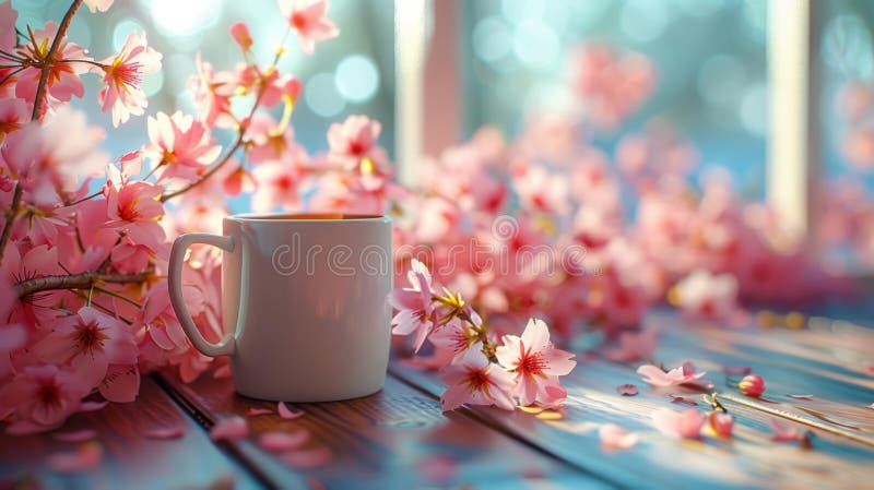 Cherry Blossoms and Morning Coffee - Generative Ai Stock Illustration ...