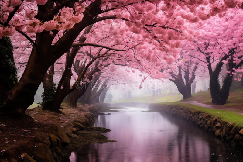 Cherry Blossoms Over the River. Spring Landscape in Pink Tones Stock ...