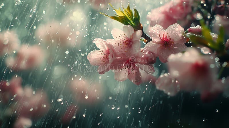 Cherry Blossoms in the Rain with Water Droplets on Petals. Concept of Spring, Freshness, and ...