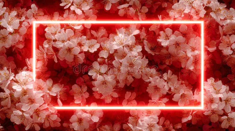 Cherry Blossoms in Red Neon Frame Creating Vibrant Springtime Contrast ...