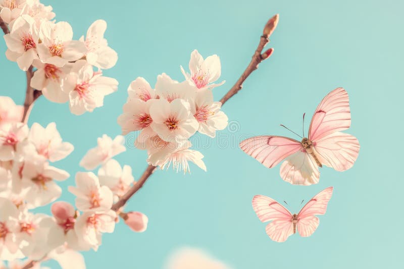 Cherry Blossoms and Stylized Butterflies in Flight Against a Clear Blue ...