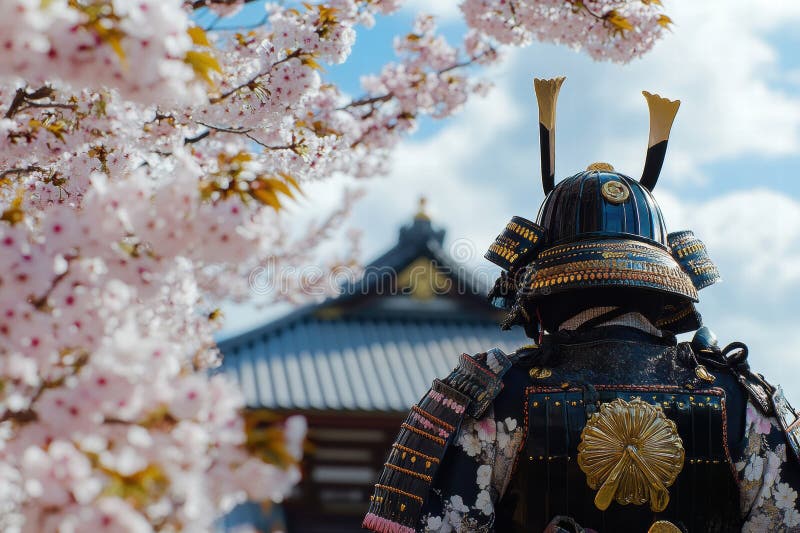 Cherry Blossoms Surround a Samurai in Traditional Armor Near a Historic ...