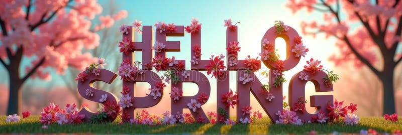 Cherry Blossoms Surrounding Hello Spring Sign in Park Setting Stock ...