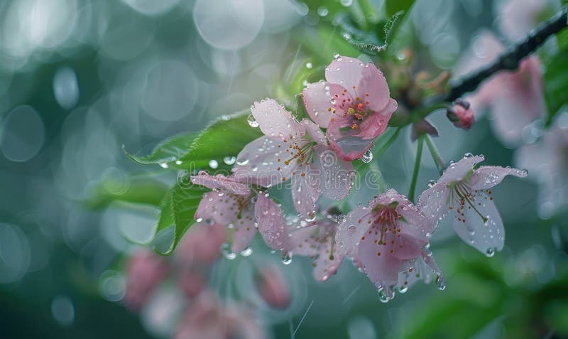 Cherry Blossoms Under the Rain, Nature Background Stock Photo - Image ...