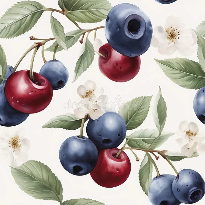 Cherry and Blueberry Seamless Pattern, Created with Generative AI Stock ...