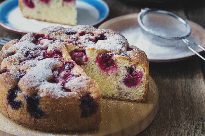 Cherry Cake and Slice of Cake on Rustic Table Stock Image - Image of ...