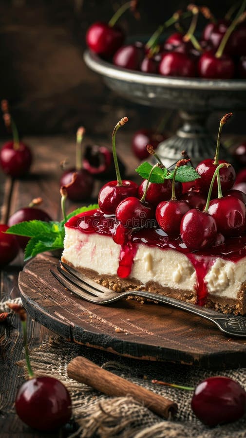 Cherry Cheesecake Slice with Fresh Cherries on a Wooden Plate Stock ...