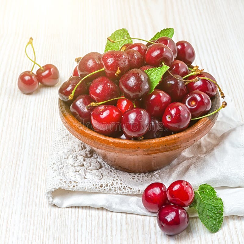 Cherry, Cherry in a Clay Plate on the Table Stock Image - Image of ...