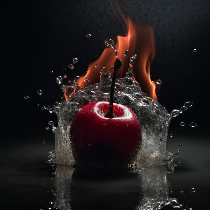 Cherry in the Clash of Water and Fire on Black Background. Stock ...