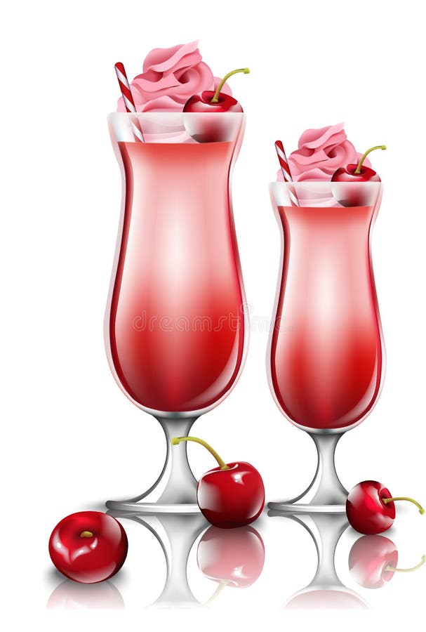 Cherry Cocktail Drinks Vector. Fresh Smoothie in Pink Glasses ...