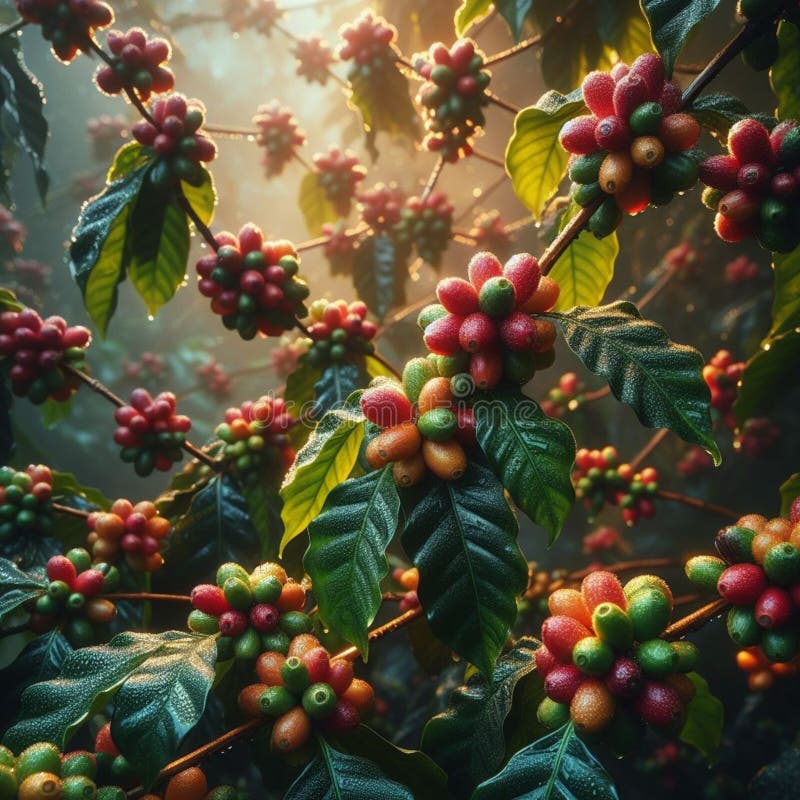 Cherry Coffee on a Tree Branch with Dense Leaves Stock Photo - Image of ...