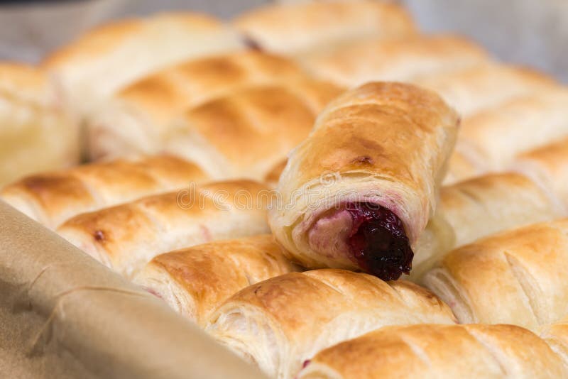 Cherry Cream Puff Pastry Closeup Macro Stock Photo - Image of dough ...
