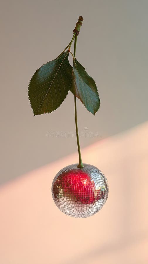 Cherry Disco Ball with Leaves Against Gradient Background Stock Image ...