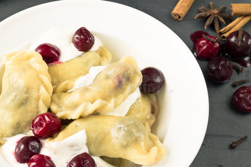 Cherry Dumplings with Sour Cherry Stock Image - Image of fruity ...