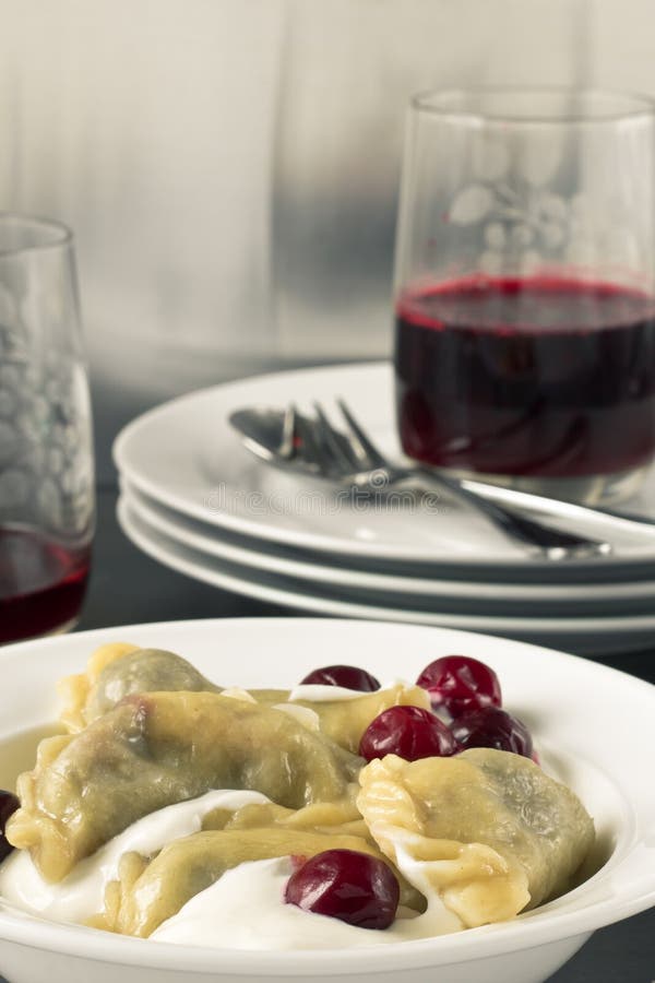 Cherry Dumplings with Sour Cherry Stock Image - Image of plate, fruit ...