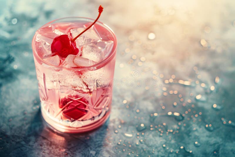 Cherry-flavored Beverage in a Glass with Ice and Cherries. Fresh Drinks ...