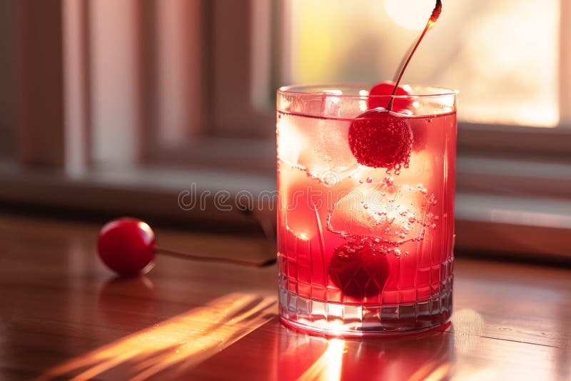 Cherry-flavored Beverage in a Glass with Ice and Cherries. Fresh Home ...